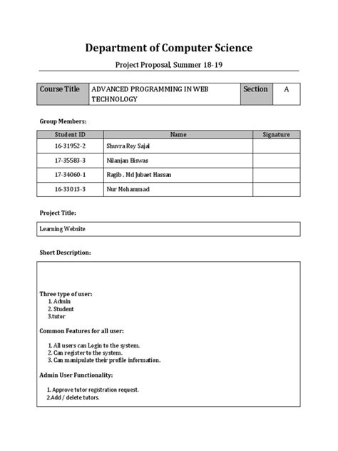 Department Of Computer Science Project Proposal Summer 18 19 Course Title Section Pdf