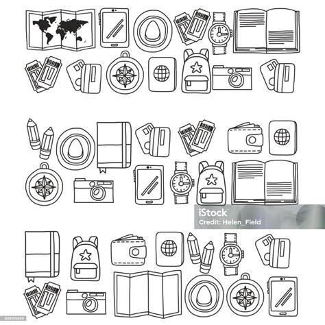 여행 아이콘 모험 탐험 카메라 패스포트 티켓 지도 배낭 낙서 패턴 벡터 낙서 세트 개체 그룹에 대한 스톡 벡터 아트 및 기타 이미지 개체 그룹 광고 금융 Istock
