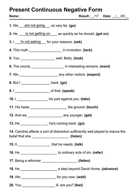 Printable Present Continuous Negative Exercises 101 Pdf Worksheets