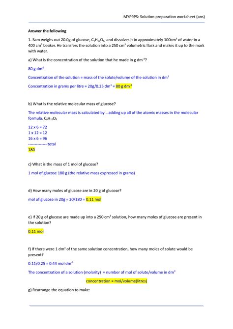 Worksheet Solutions Preparation MYP9PS Solution Preparation Worksheet Ans Answer The
