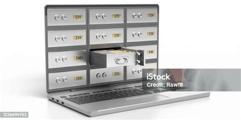 흰색 배경에 격리 된 안전한 은행 예금 및 오픈 서랍 노트북 화면 3d 일러스트레이션 금 금속에 대한 스톡 사진 및 기타 이미지 금 금속 부귀 안전 보관함 Istock
