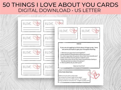 50 Things I Love About You Printable Love Notes Personalized