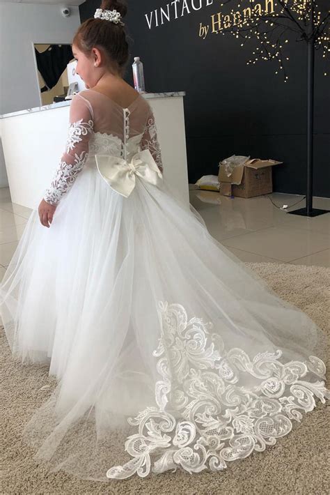 Ivory Long Sleeve Tulle Flower Girl Dress With Lace Cheap Flower Girl Dress With Bowknot