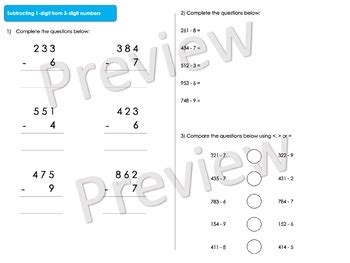 Subtracting 1 Digit From 3 Digit Numbers Worksheet With Exchange
