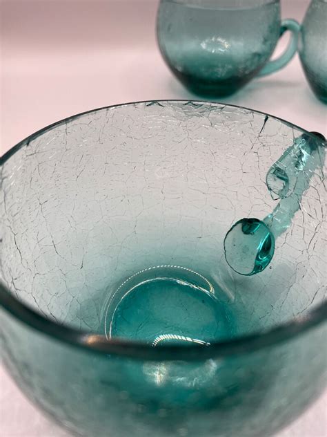 Blenko Crackle Glass Punch Cups Sea Green Set Of 5 Condition Issues