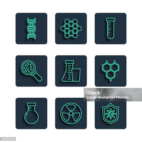 세트 라인 시험관 및 플라스크 방사성 바이러스로부터 보호하는 방패 돋보기 아래의 미생물 Dna 기호 및 화학식 아이콘 벡터 Dna에 대한 스톡 벡터 아트 및 기타 이미지