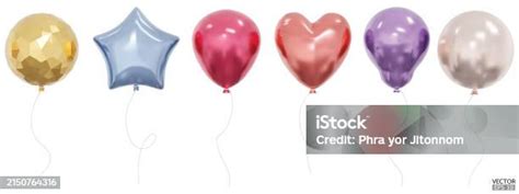 다양한 모양 별 구체 및 심장의 현실적인 벡터 풍선 세트입니다 생일 파티 기념일 및 결혼식을 위한 헬륨 풍선 무리 3d 벡터 일러스트 레이 션입니다 3차원 형태에 대한 스톡