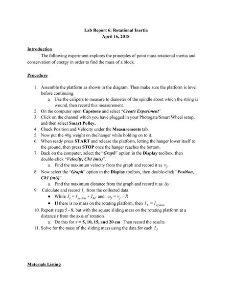 Lab Report 6 Rotational Inertia Lab Report 6 Rotational Inertia April 16 2018 Introduction
