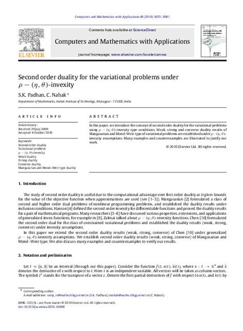 Pdf Second Order Duality For The Variational Problems Under ρ− η θ Invexity