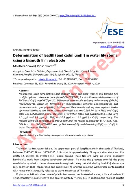 Pdf Determination Of Lead Ii And Cadmium Ii In Water Lily Stems Using A Bismuth Film Electrode