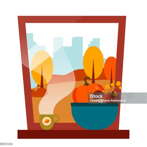 아름다운 전망의 가을 창문 창턱에서 수확과 차 한 잔 그림 흰색 배경에 고립되어 있습니다 가을에 대한 스톡 벡터 아트 및 기타 이미지 Istock