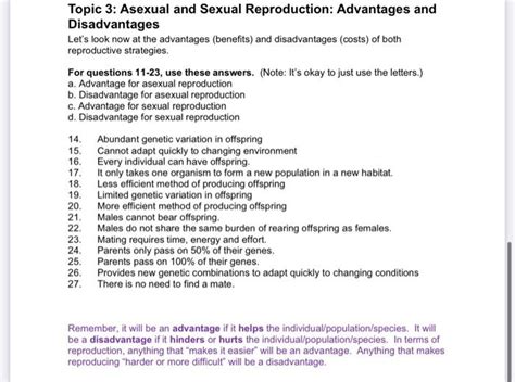 Solved Topic 3 Asexual And Sexual Reproduction Advantages