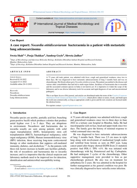 Pdf A Case Report Nocardia Otitidiscaviarum Bacteraemia In A Patient With Metastatic Lung