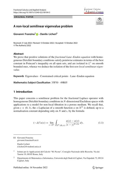 Pdf A Non Local Semilinear Eigenvalue Problem