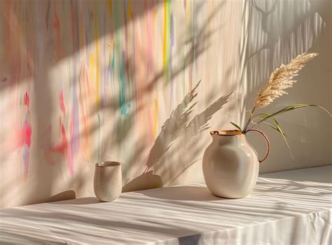 White Pitcher And Cup With Dried Grass On Table In Sunlight Premium