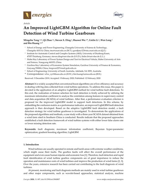 Pdf An Improved Lightgbm Algorithm For Online Fault Detection Of Wind Turbine Gearboxes