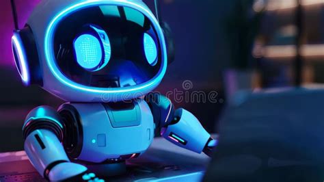 Cute Friendly Artificial Intelligence Robot Using Laptop Computer With
