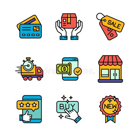 Ecommerce And Shopping Icons Set In Colored Outline Style Icon Stock Vector Illustration Of