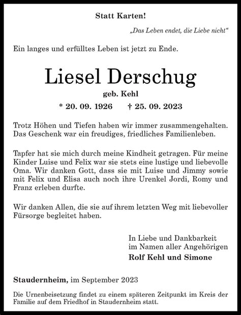 Traueranzeigen Von Liesel Derschug Rz Trauerde