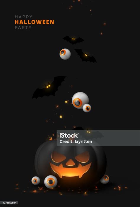 즐거운 할로윈 보내세요 현실적인 3d 검은 호박과 축제 배경 무서운 미소를 잘라 박쥐를 비행 휴일 포스터 배너 전단지 브로셔 및 템플릿 커버 벡터 일러스트레이션 불길한에
