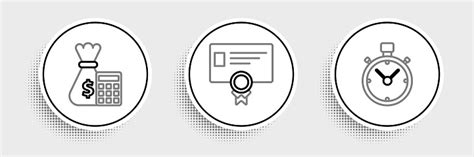 라인 스톱워치 돈 가방 및 인증서 템플릿 아이콘과 계산기를 설정합니다 벡터 0명에 대한 스톡 벡터 아트 및 기타 이미지 0명 가방 계산기 Istock