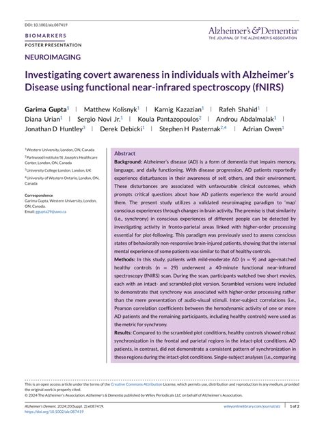 Pdf Investigating Covert Awareness In Individuals With Alzheimers