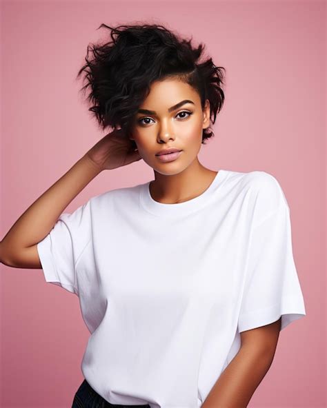 Belle Jeune Femme Noire Posant Dans Une Chemise Blanche Sur Un Fond