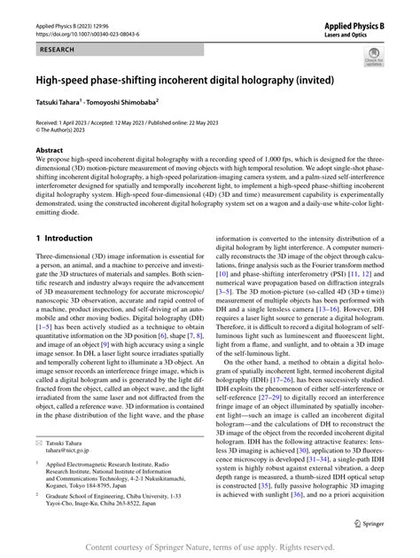 Pdf High Speed Phase Shifting Incoherent Digital Holography Invited