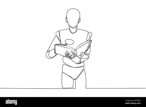 Single Continuous Line Drawing Smart Robot Reading Book While Holding A