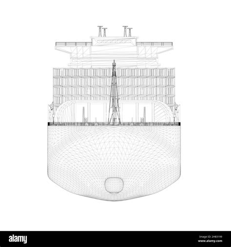 Large Ship Wireframe With Containers From Black Lines Isolated On White Background Front View