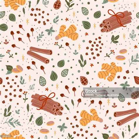 매운 차 패턴 매운 차 원활한 배경 만화 계피 생강 검은 종이 카르다몬 정향 맛 성분 마살라 차 벡터 손으로 그린 일러스트 차이 티 프린트 양념류에 대한 스톡 벡터 아트 및