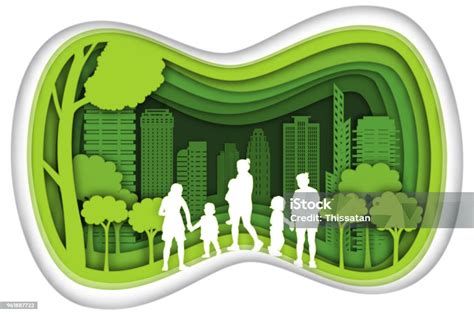 행복 한 가족 삶의 질 생태 아이디어로 녹색 자연과 아기 아들 엄마 도시 도시 디자인을 조각 종이 잘라 예술과 공예 스타일 개념 벡터 일러스트 레이 션 가족에 대한 스톡