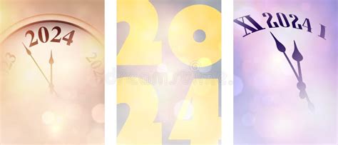 new year 2024 countdown clock over colourful background with lights set of cards stock vector