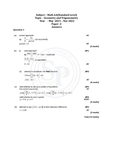Topic Wise Ibdp Math Aa Sl Past Paper 2 Geometry And Trigonometry Answer Sat Prep