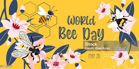 세계 꿀벌의 날 배너 5월 20일 귀여운 꿀벌 분홍색 벚꽃 나뭇잎과 벌집 엽서 인사말 카드 소셜 네트워크 게시물 템플릿 낮에 대한 스톡 벡터 아트 및 기타 이미지 Istock