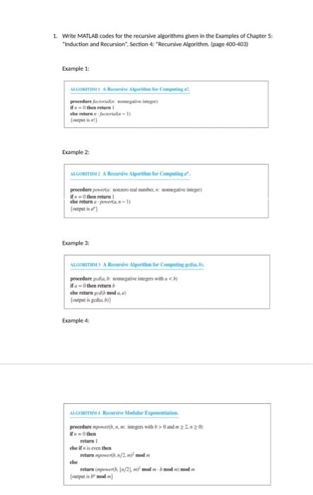 Solved 1 Write Matlab Codes For The Recursive Algorithms