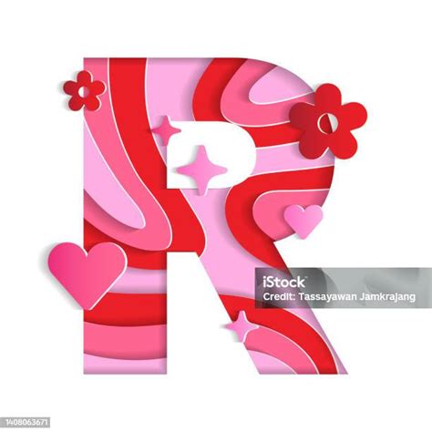R 알파벳 발렌타인 데이 사랑 추상 문자 글꼴 편지 종이 활기찬 꽃 심장 반짝이는 샤인 레드 핑크 산 지리 윤곽선 지도 3d 레이어 종이 컷 아웃 카드 웹 배너 벡터