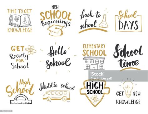 학교 서예 문자 세트로 돌아가기 타이포그래피 디자인 학교 요소 스케치 낙서와 서예 레터링 손으로 그린 벡터 일러스트 0명에 대한
