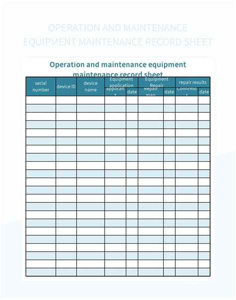 Operation And Maintenance Equipment Maintenance Record Sheet Excel