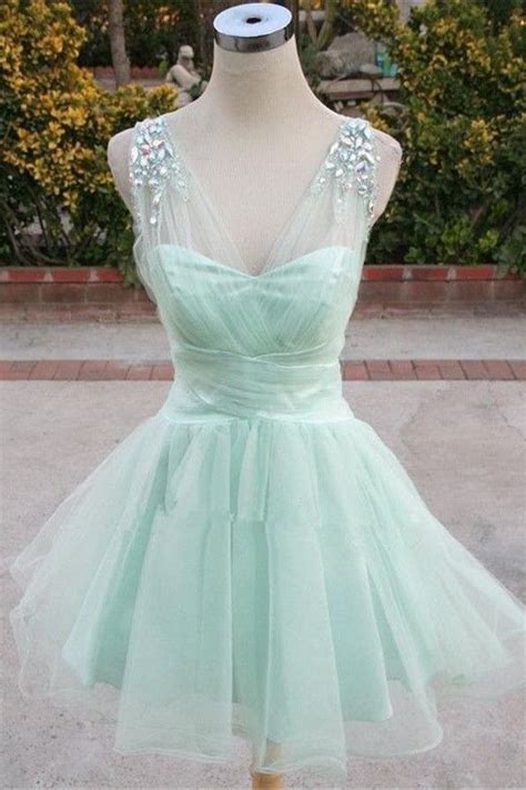 Girly Mint Short Cute Elegant V Neck Homecoming Dress Bridesmaid