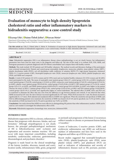 Pdf Evaluation Of Monocyte To High Density Lipoprotein Cholesterol Ratio And Other