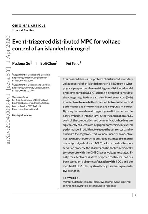 Pdf Event Triggered Distributed Mpc For Voltage Control Of An Islanded Microgrid