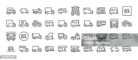 트럭 및 모터 홈 디자인 카드 앱 소셜 네트워크를위한 현대적인 개요 스타일 아이콘 0명에 대한 스톡 벡터 아트 및 기타 이미지 0명 교통수단 날씬한 Istock