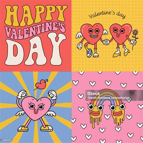 복고풍 60년대 70년대 80년대 그루비 스타일의 정사각형 발렌타인 인사말 카드 세트 소셜 미디어 Ig 게시물에 대한 그루비 배너 템플릿입니다 하트 문자와 빈티지 글꼴