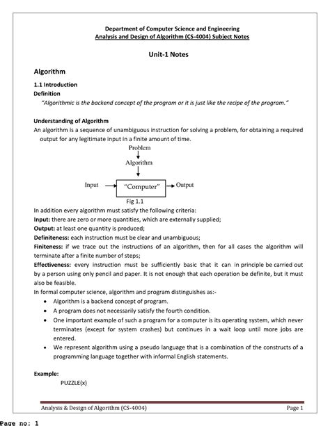 Notes Analysis And Design Of Algorithms Unit 1 Department Of Computer