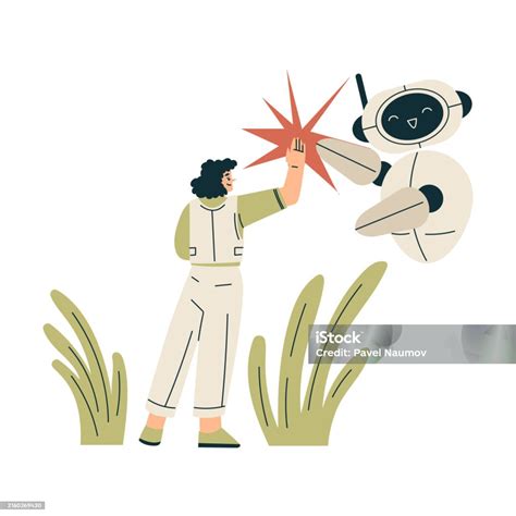 인공 지능 와 여자 캐릭터 주고 하이 파이브 와 봇 벡터 일러스트 기계류에 대한 스톡 벡터 아트 및 기타 이미지 기계류 다중 색상 데이터 Istock