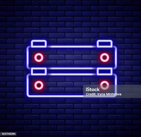 빛나는 네온 라인 나무 상자 아이콘은 벽돌 벽 배경에 분리되어 있습니다 식료품 바구니 창고 상자 야채 제품을 위한 빈 나무 용기 다채로운 개요 개념입니다 벡터 0명에 대한