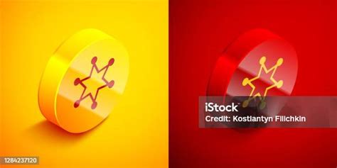 주황색과 빨간색 배경에 격리 된 등색 헥사그램 보안관 아이콘 경찰 배지 아이콘 서클 버튼입니다 벡터 3차원 형태에 대한 스톡 벡터 아트 및 기타 이미지 Istock