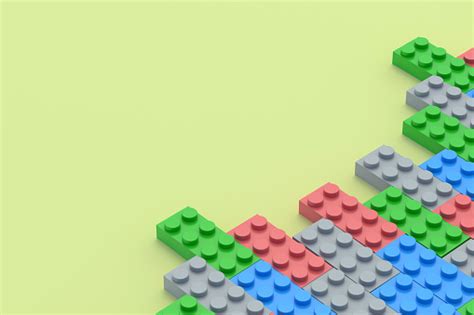노란색 배경에 화려한 플라스틱 장난감 블록 개발 자식용 직사각형 형상 생성자입니다 유치원 에서 교육을위한 벽돌 생성자 부품입니다 공간을 복사합니다 3d 렌더링 개발에 대한