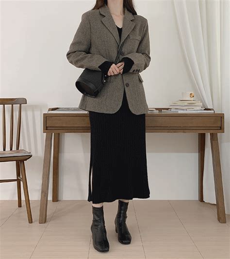 룩앤무드 [🎀굿바이세일] [룩코디set] 디어 체크 오버핏 울자켓 편지 앙고라 니트 롱원피스 투피스